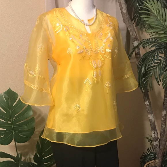 Tops | Yellow Gold Kimona Blouse Or Ladies Barong Tagalog With ...